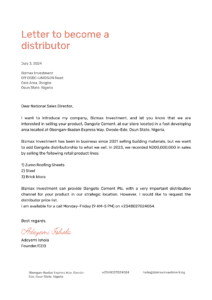 Letter To Become A Distributor of A Product (Sample)